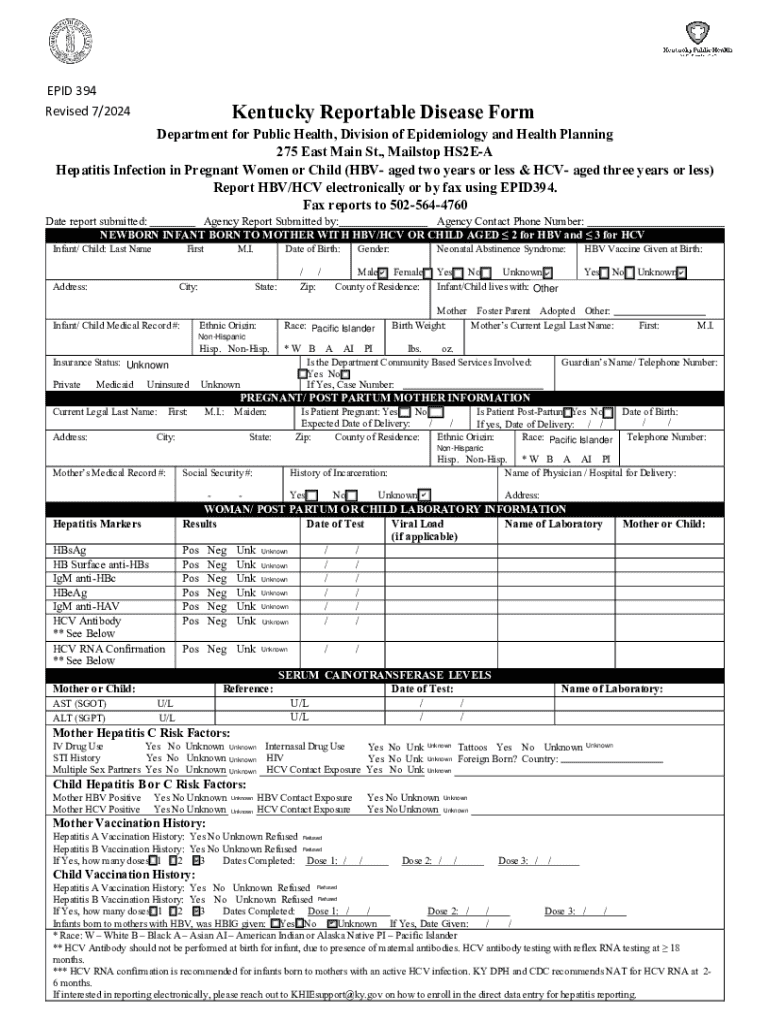 Fillable Online Kentucky Reportable Disease Form for Hepatitis Infection in Newborns Fax Email ...