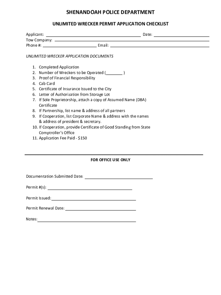 Fillable Online Unlimited Wrecker Permit Application Checklist Fax ...
