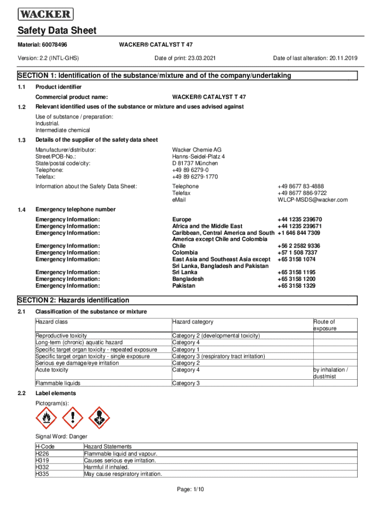 Fillable Online Wacker® Catalyst T 47 Safety Data Sheet Fax Email Print ...