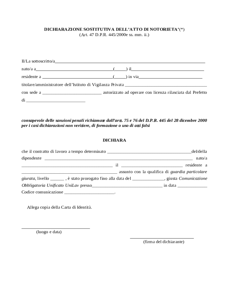 Dichiarazione Sostitutiva Dell'atto Di Notorieta' Doc Template | pdfFiller