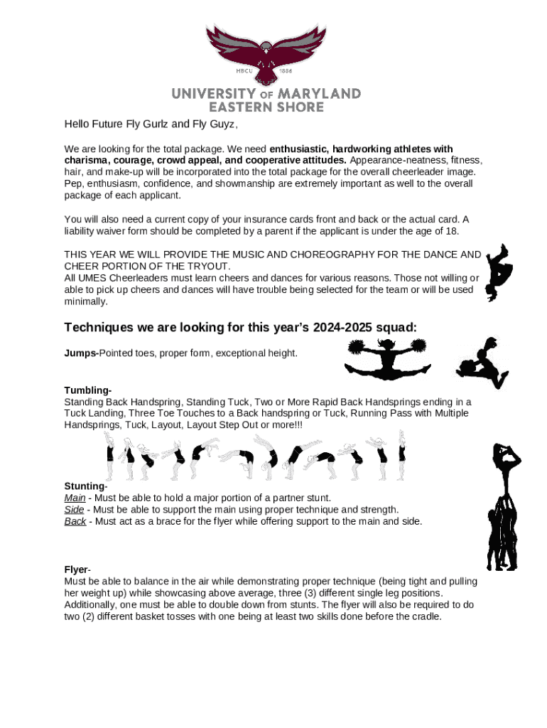 Umes Cheer Tryout Application and Injury Waiver Doc Template | pdfFiller
