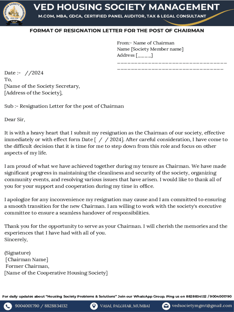 Fillable Online Chairman Resignation Letter Template Fax Email Print ...