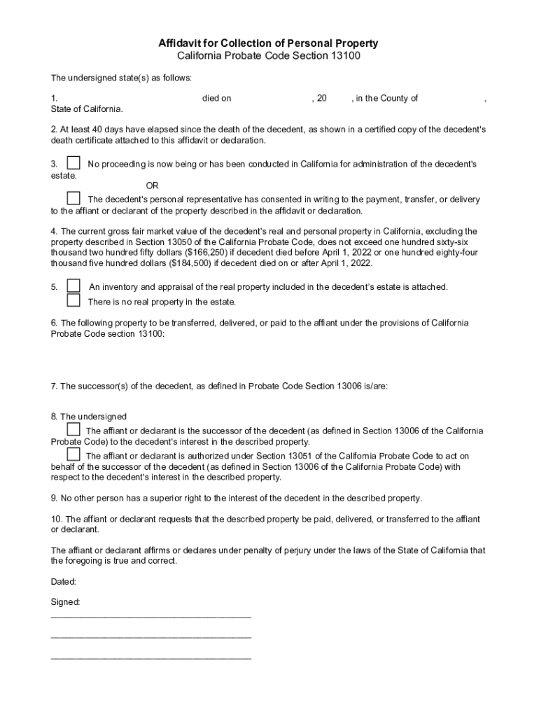 Fillable Online Affidavit for Collection of Personal Property Under ...