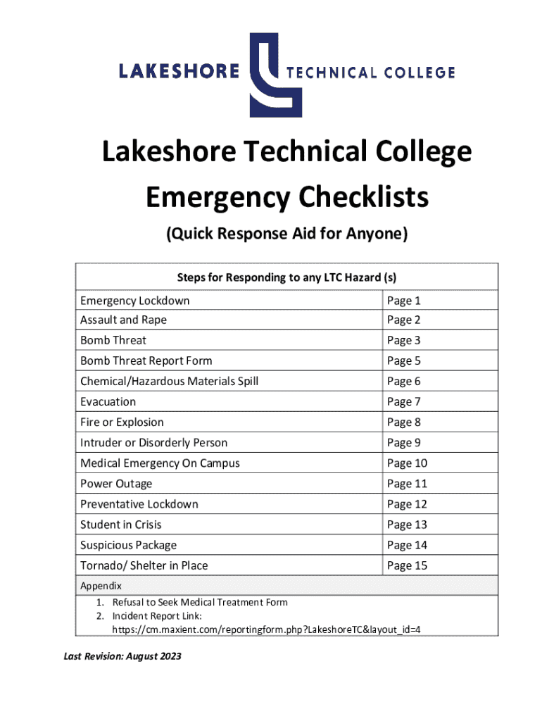 Fillable Online Emergency Checklists for Lakeshore Technical College ...