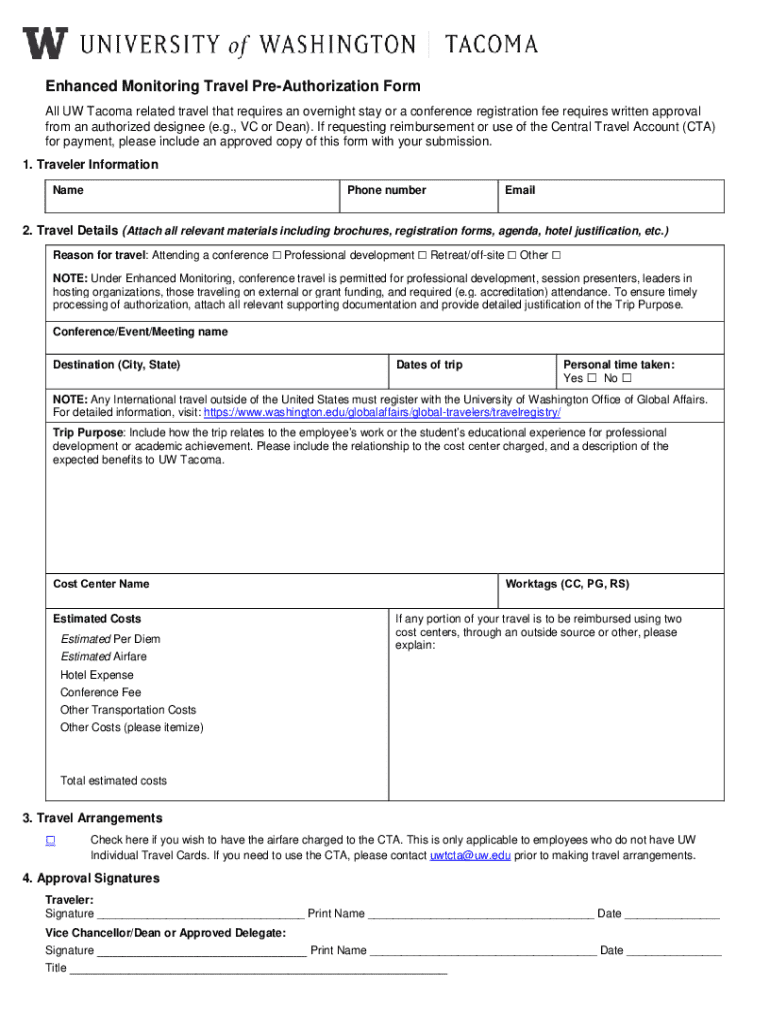Fillable Online Enhanced Monitoring Travel Pre-authorization Form Fax ...