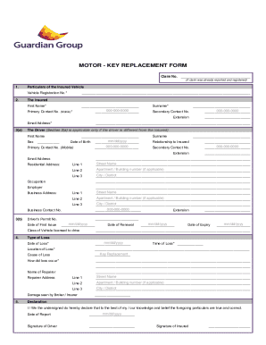 Fillable Online Key Replacement Form for Insured Vehicles Fax Email ...