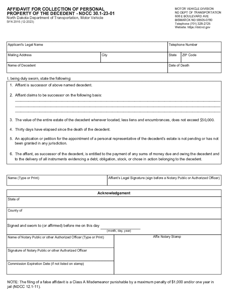 Fillable Online Affidavit for Collection of Personal Property of the ...