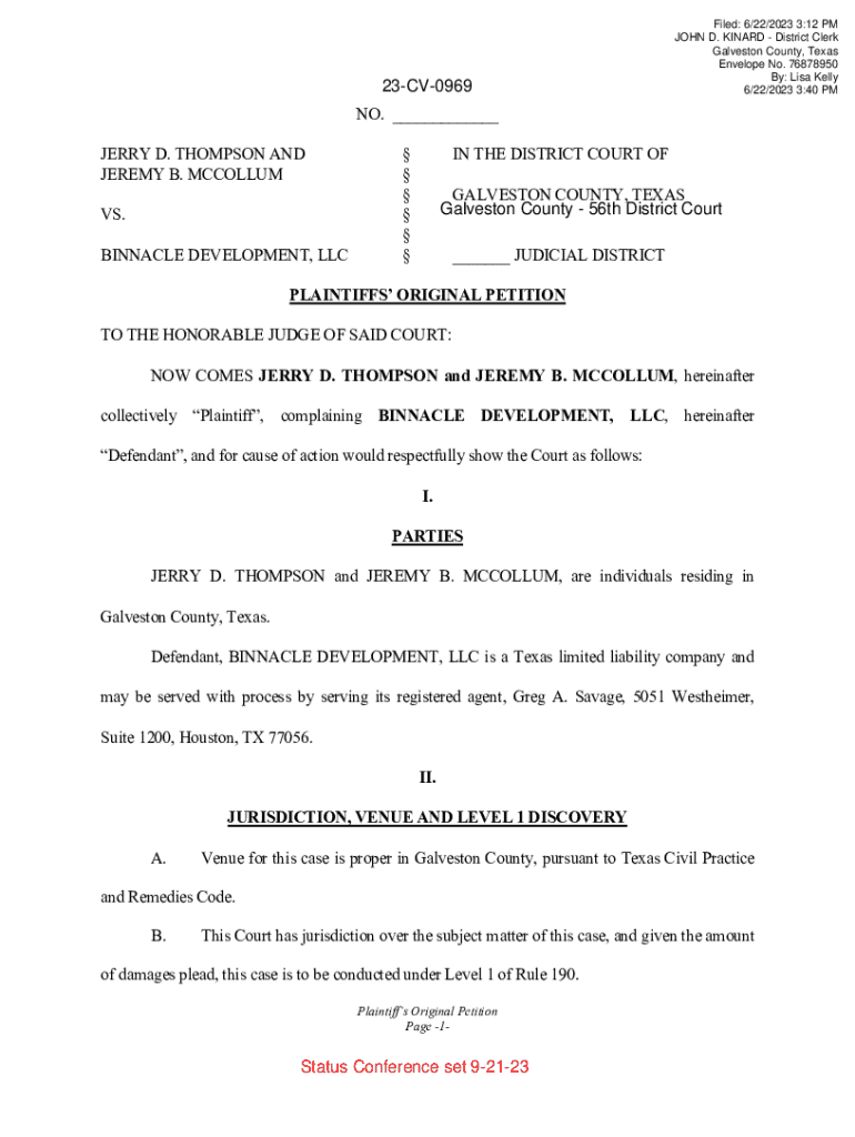Fillable Online Plaintiff's Original Petition in Jerry D. Thompson and ...