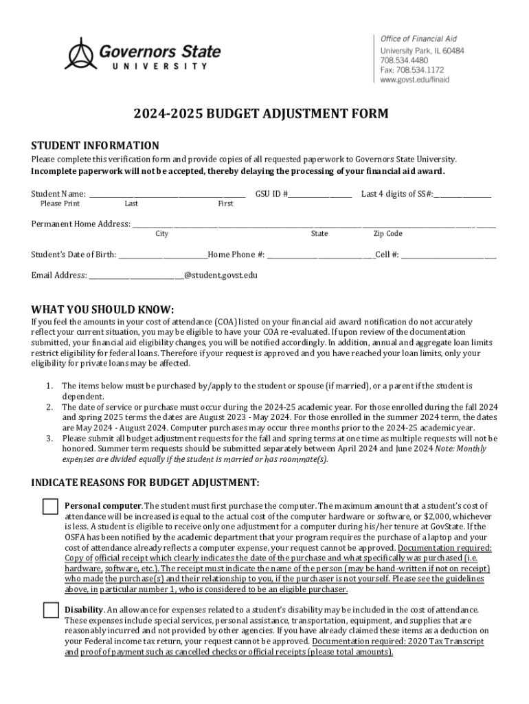 Fillable Online Budget Adjustment Request Form for Financial Aid Fax ...