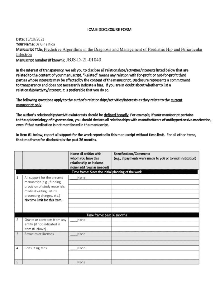 Fillable Online Icmje Disclosure Form for Manuscript on Predictive ...