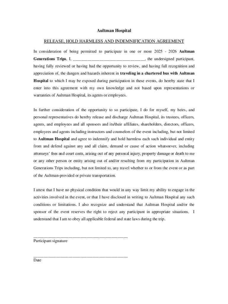 Fillable Online Aultman Hospital Indemnification Agreement Fax Email Print - pdfFiller