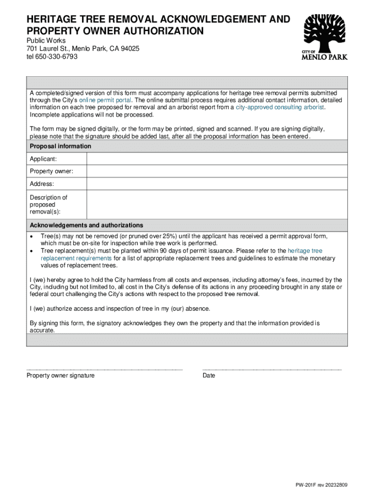 Fillable Online Heritage Tree Removal Acknowledgement and Property ...