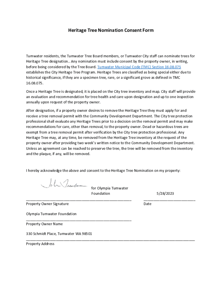 Fillable Online Heritage Tree Nomination Consent Form Fax Email Print ...