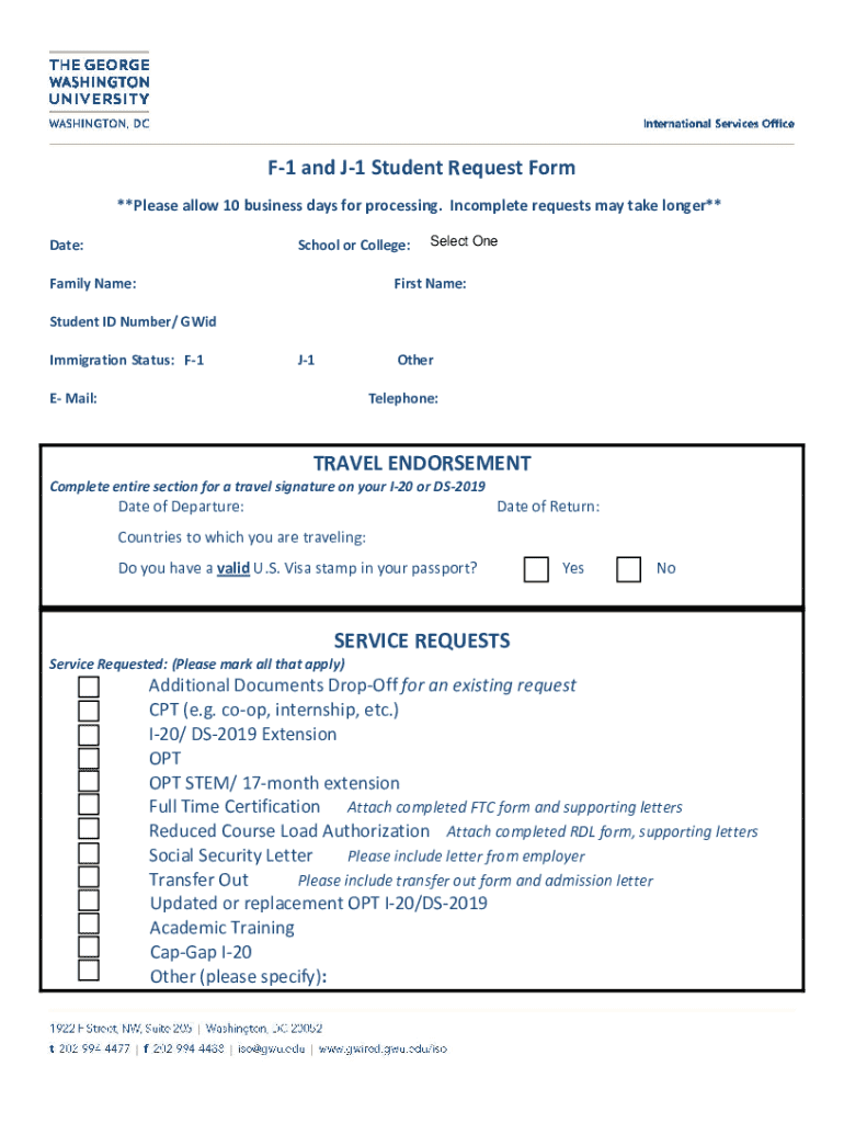Fillable Online F‐1 and J‐1 Student Request Form Fax Email Print ...