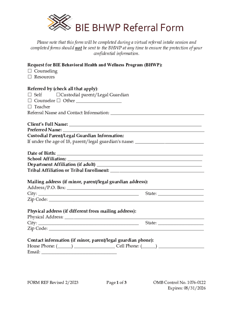 Fillable Online Bie Behavioral Health and Wellness Program Referral ...