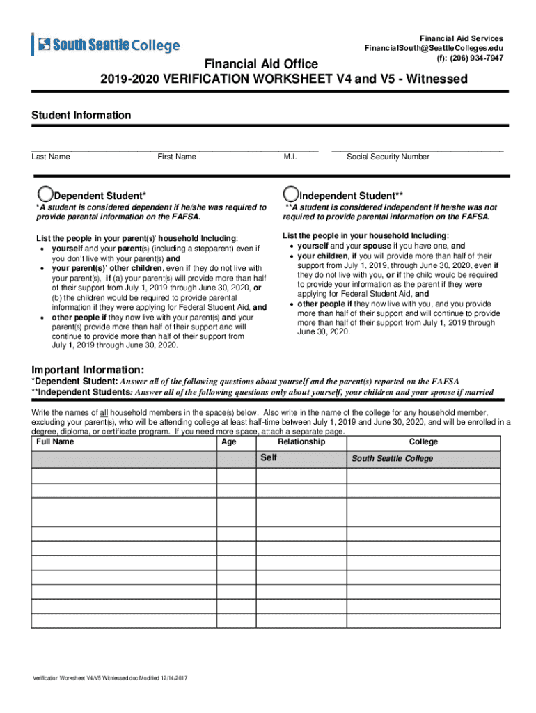 Fillable Online Verification Worksheet for Financial Aid Fax Email Print - pdfFiller