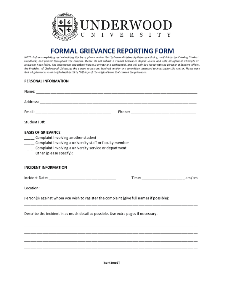 Fillable Online Grievance Reporting Form for Underwood University Fax Email Print - pdfFiller