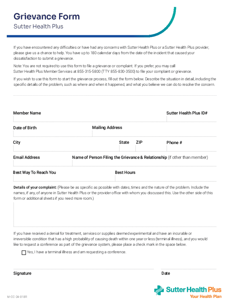 Fillable Online Sutter Health Plus Grievance Form Fax Email Print ...