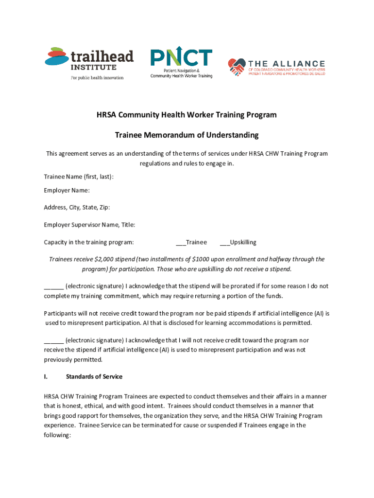 Fillable Online Memorandum of Understanding for Hrsa Chw Training ...