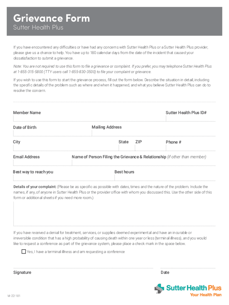 Fillable Online Sutter Health Plus Grievance Form Fax Email Print ...