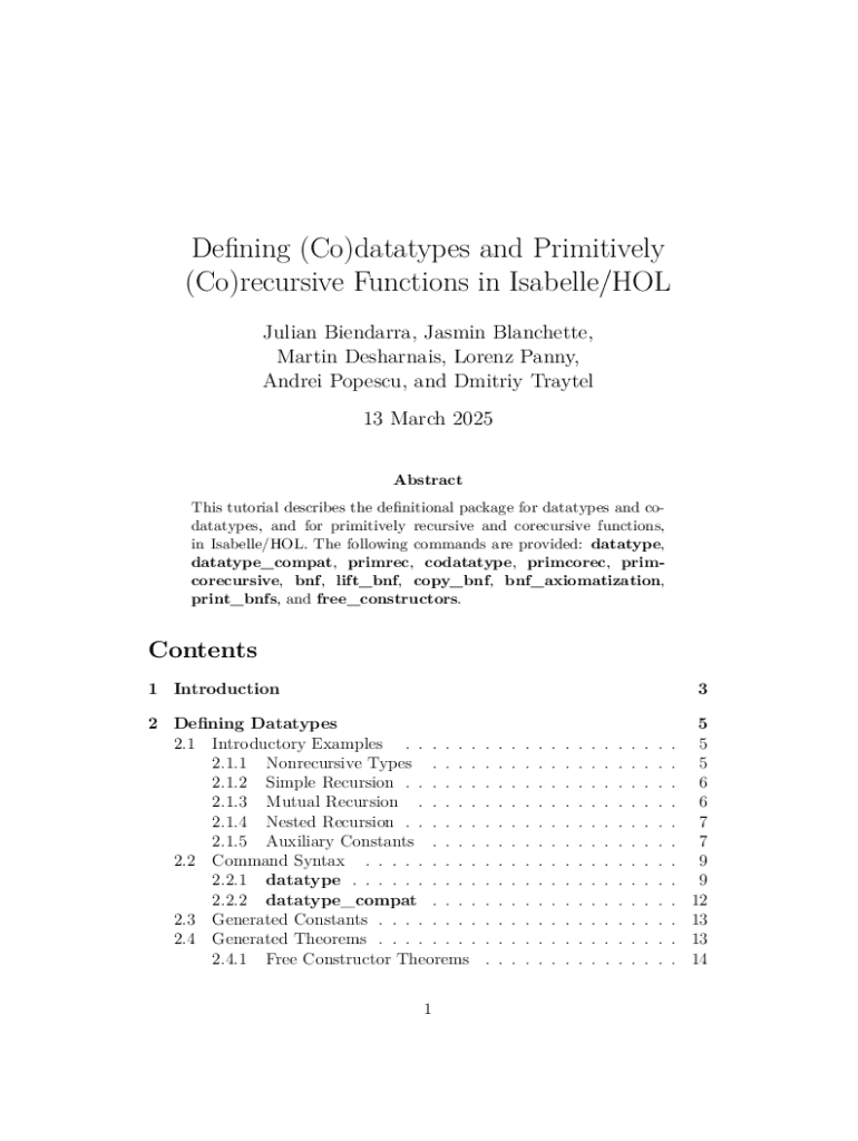 Fillable Online Defining (co)datatypes and Primitively (co)recursive Functions in Isabelle/hol ...