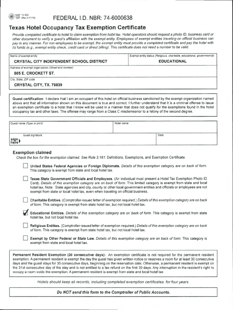 Fillable Online Texas Hotel Occupancy Tax Exemption Certificate Fax ...