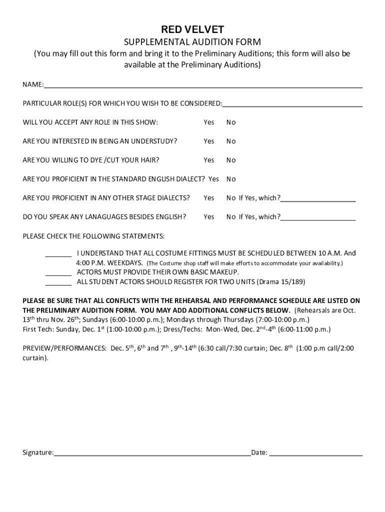 Fillable Online Red Velvet Supplemental Audition Form Fax Email Print ...