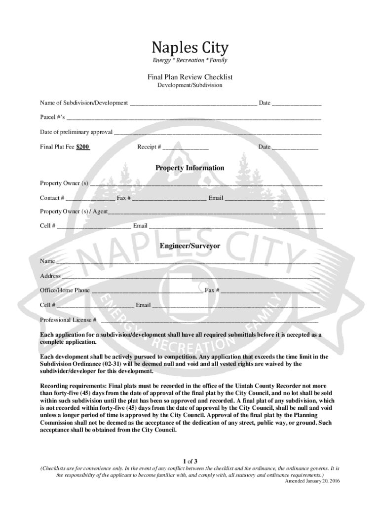 Fillable Online Final Plan Review Checklist for Development/subdivision ...