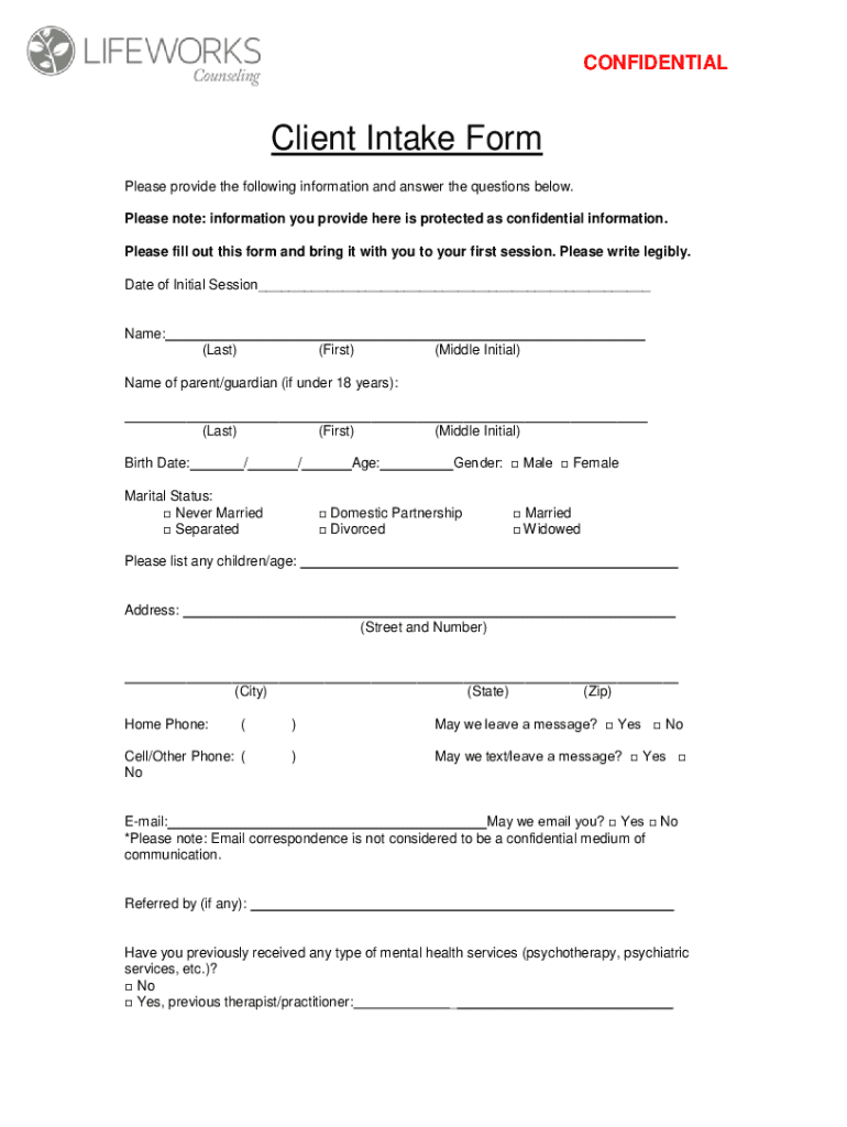 Fillable Online Client Intake Form for Mental Health Services Fax Email ...