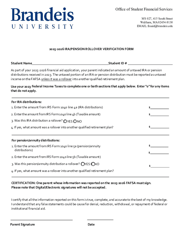 Fillable Online Ira/pension Rollover Verification Form for Financial ...