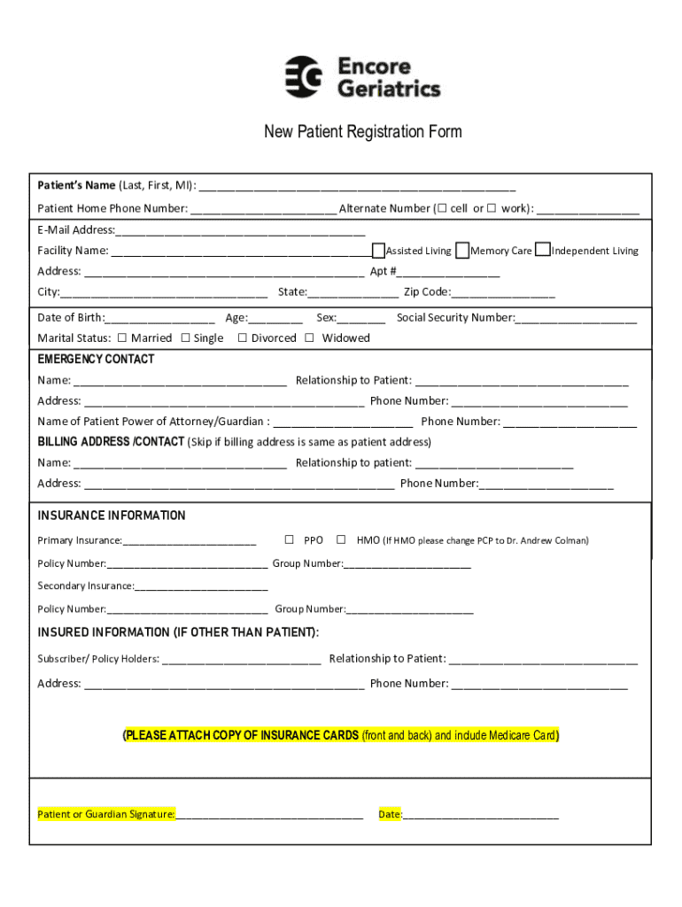 Fillable Online Patient Registration Form for Encore Geriatrics Fax ...