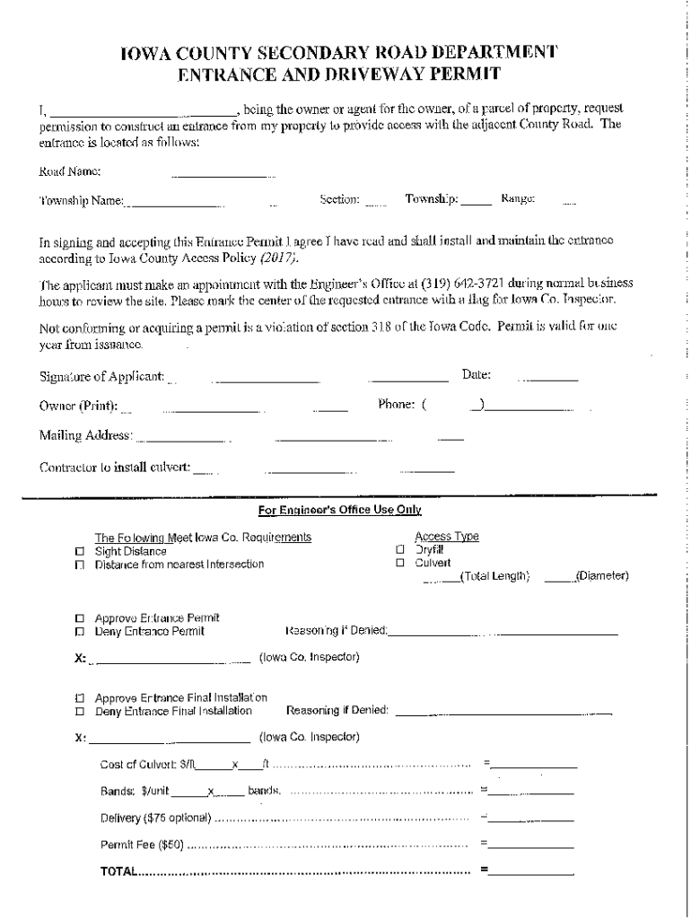 Fillable Online Iowa County Entrance and Driveway Permit Fax Email Print - pdfFiller