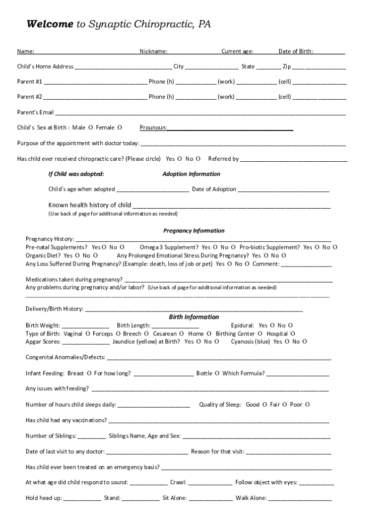 Fillable Online Chiropractic Patient Intake Form Fax Email Print ...