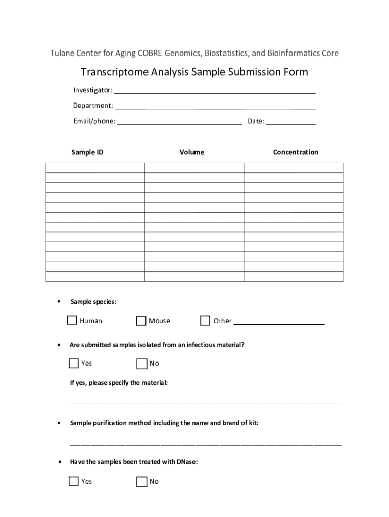 Fillable Online Transcriptome Analysis Sample Submission Fax Email ...
