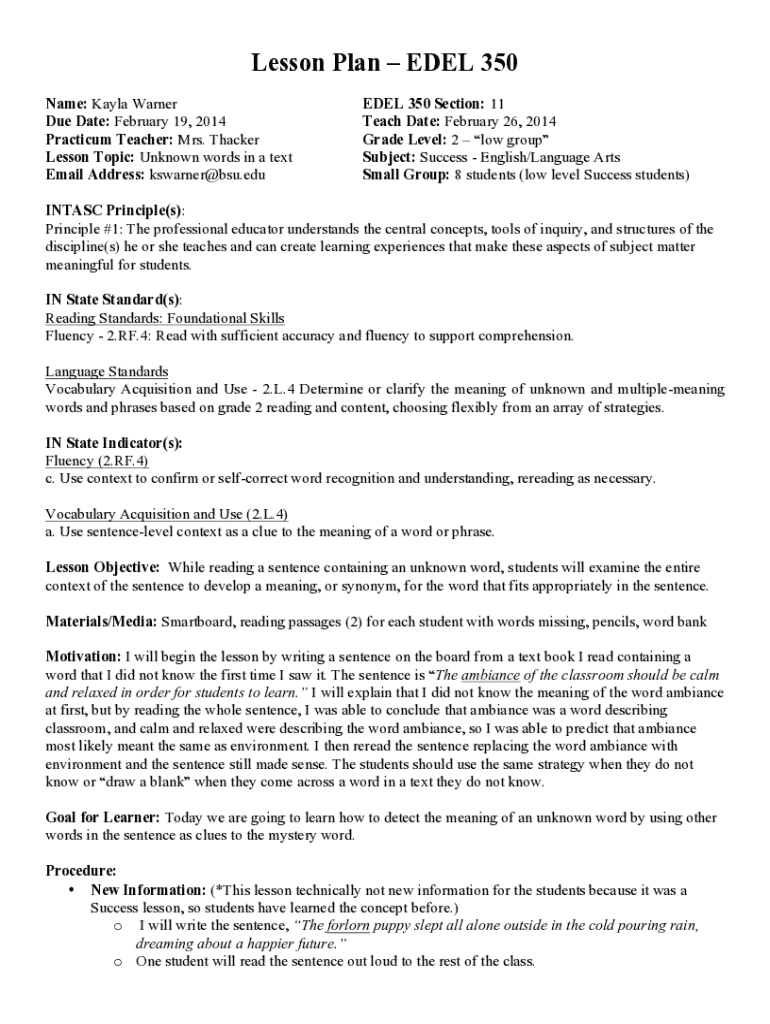 Fillable Online Edel 350 Lesson Plan on Unknown Words in a Text Fax ...