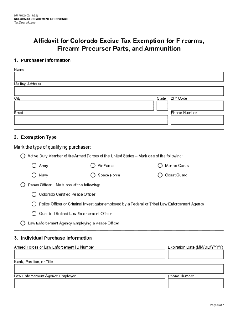 Colorado Excise Tax Exemption Affidavit for Firearms - Blank Fillable ...