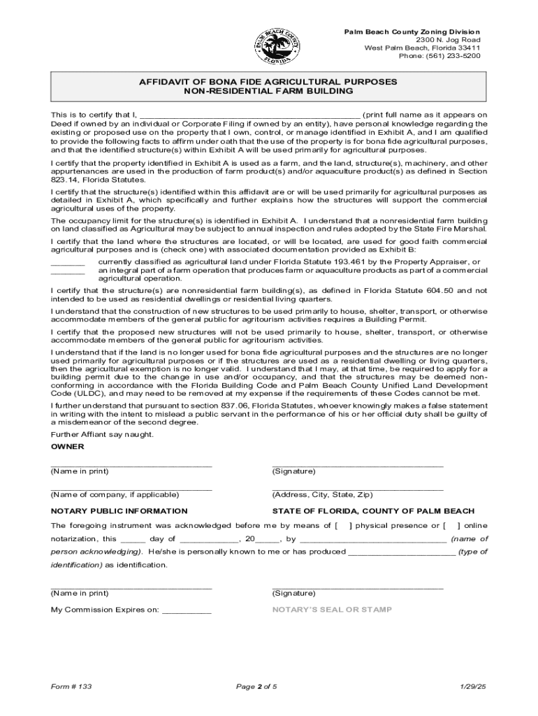 Fillable Online Affidavit of Bona Fide Agricultural Purposes for Non-residential Farm Building ...