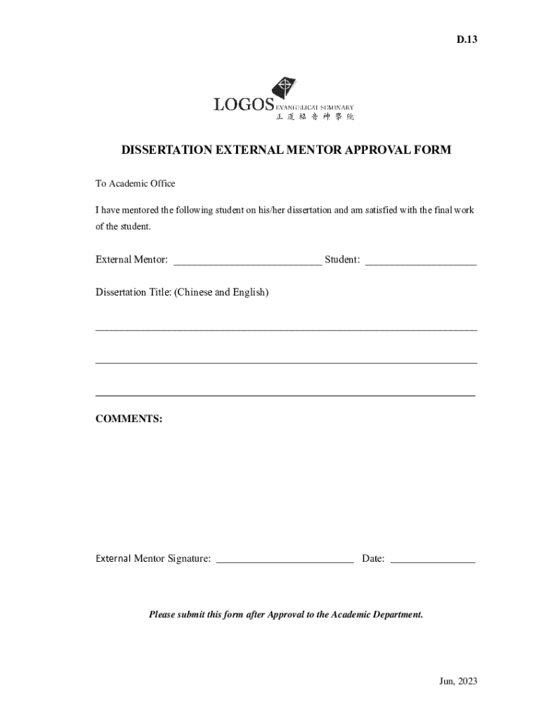 Fillable Online Dissertation External Mentor Approval Form Fax Email ...