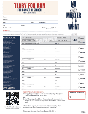 Fillable Online Terry Fox Run for Cancer Research Pledge Sheet Fax ...