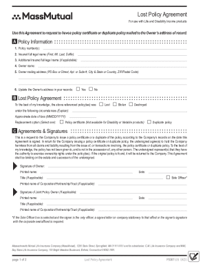 Fillable Online Lost Policy Agreement for Life and Disability Income Products Fax Email Print ...