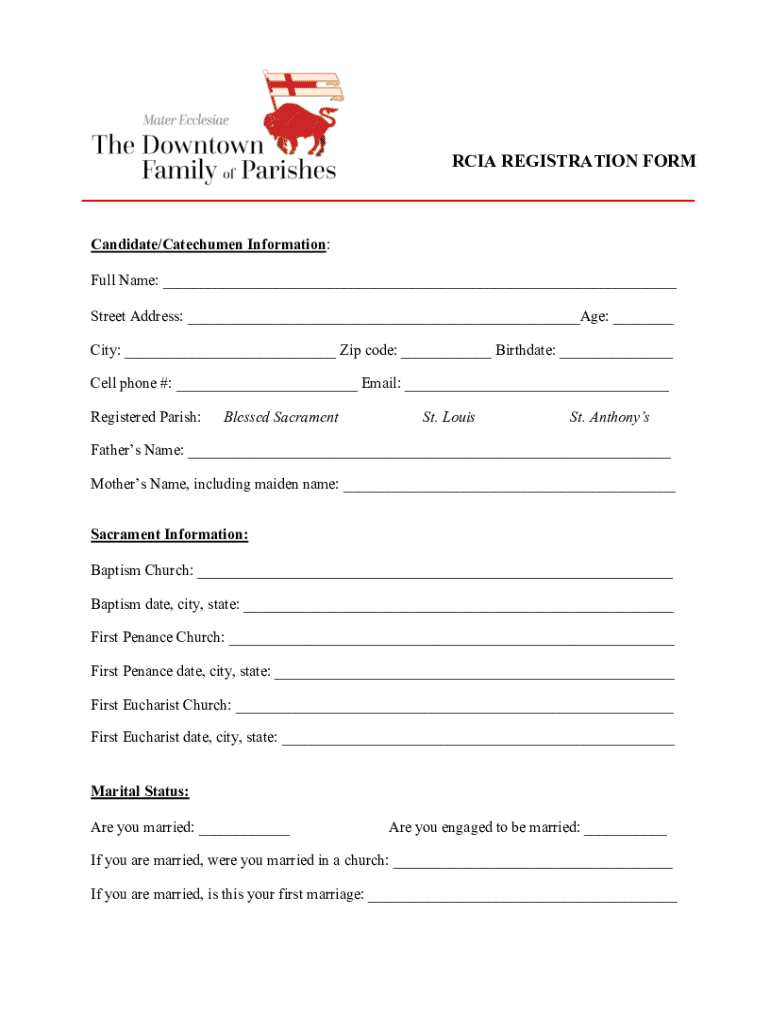 Fillable Online Rcia Registration Form for Candidates/catechumens Fax ...