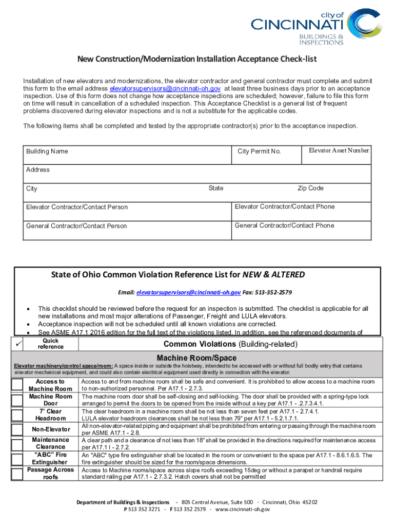 Fillable Online Elevator Installation Acceptance Checklist Fax Email ...