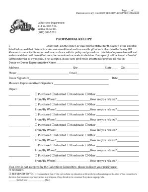 Fillable Online Provisional Receipt for Object Donation Fax Email Print - pdfFiller
