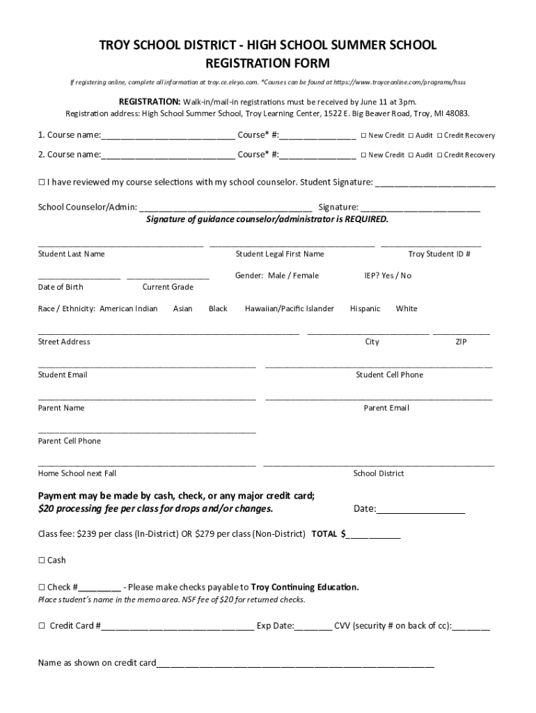 Fillable Online High School Summer School Registration Form Fax Email ...