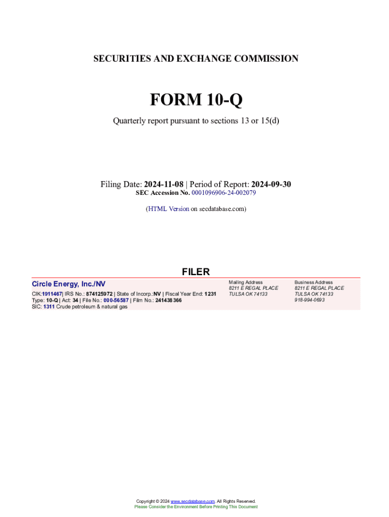 Fillable Online Quarterly Report for Circle Energy, Inc. Fax Email ...
