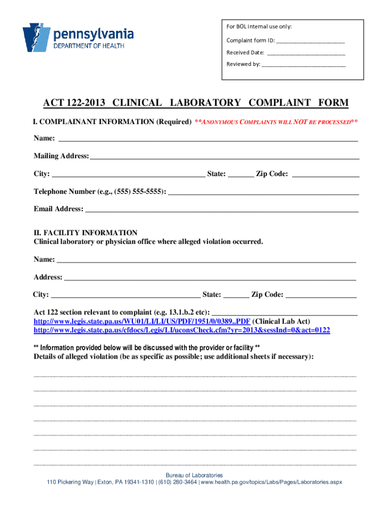 Fillable Online Clinical Laboratory Complaint Form Fax Email Print ...