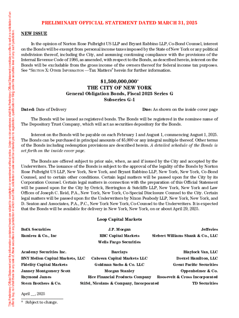 Fillable Online Preliminary Official Statement Dated March 31, 2025 Fax Email Print - pdfFiller
