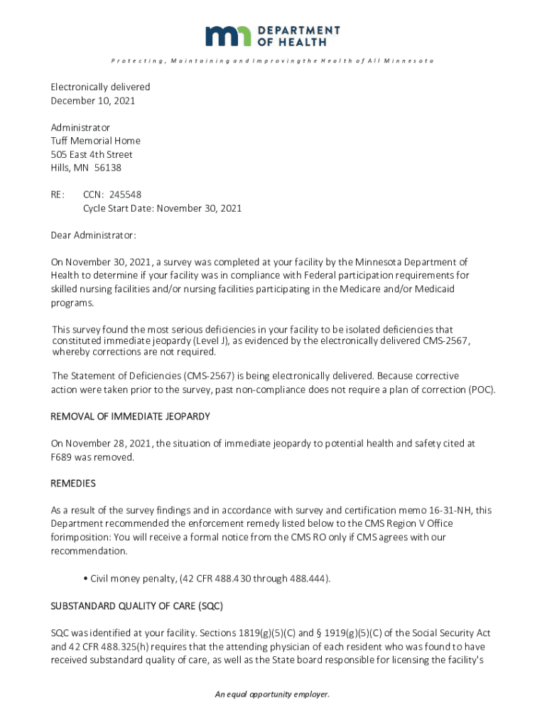Fillable Online Statement of Deficiencies and Plan of Correction for ...