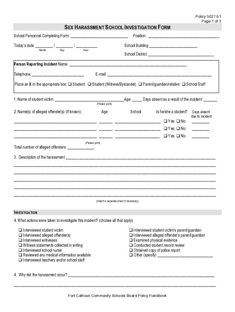Fillable Online Sex Harassment School Investigation Form Fax Email Print - pdfFiller