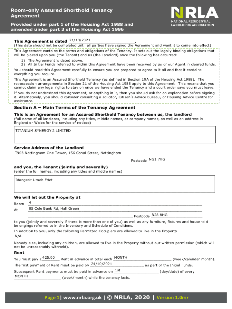 Fillable Online Room-only Assured Shorthold Tenancy Agreement Fax Email ...